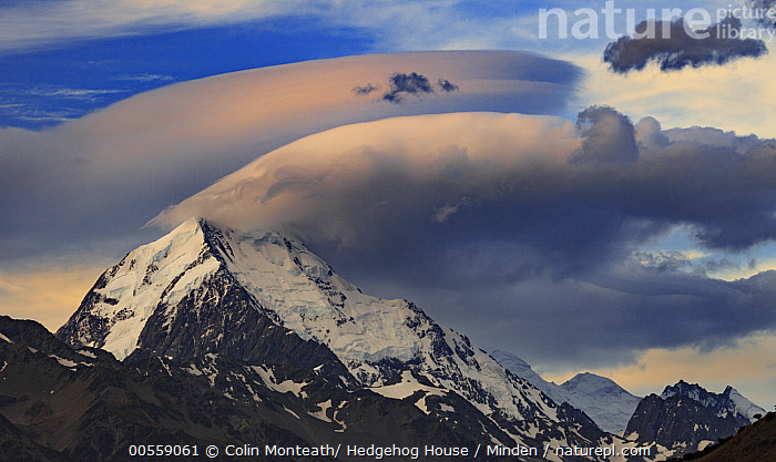 Stock photo of Wind cloud at sunset over summit ridge, Aoraki/ Mount ...