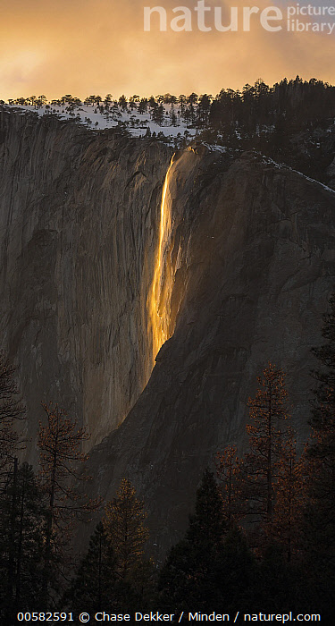 Stock photo of Horsetail Fall, low sun angle lights the rock wall ...