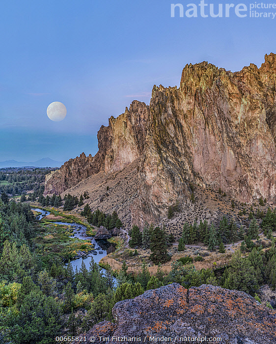 Stock photo of Moon over Phoenix Buttress and Crooked River, Smith Rock ...