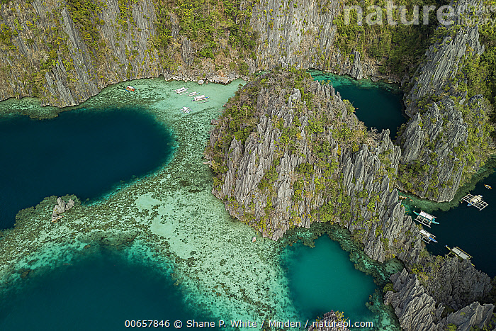 Stock photo of Boats in lagoons with limestone pinnacles, Coron Island ...