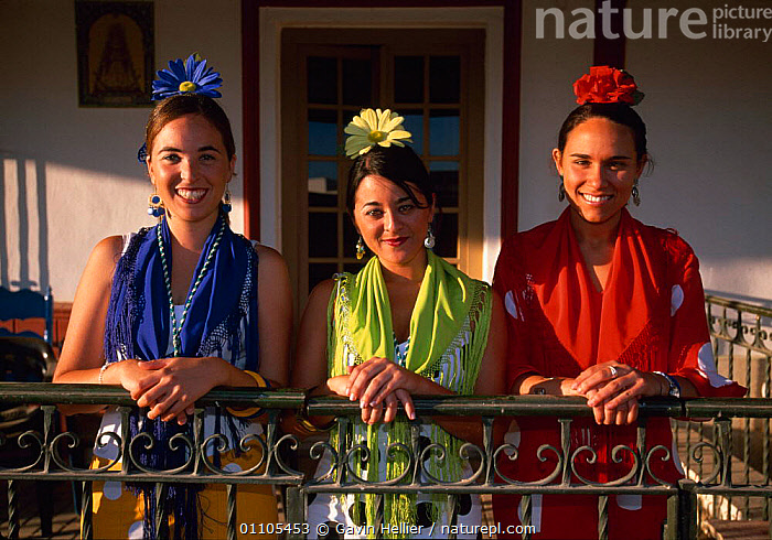 Stock photo of Women in traditional dress, before Romeria del Rocio ...