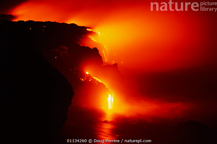 Stock photo of Pahoehoe lava flows off Lae' apuki bench into sea ...