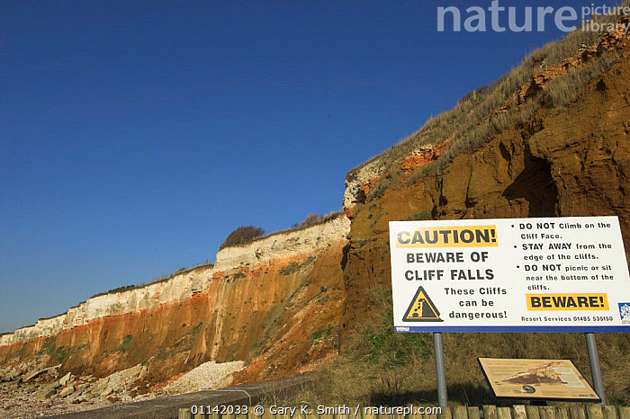 Stock photo of Coastal erosion warning sign at Hunstanton cliffs ...