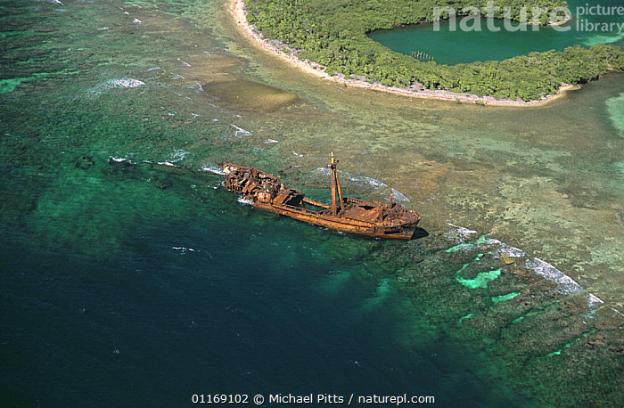 Stock photo of Aerial view of shipwreck on coral reef, Isla de Roatan ...