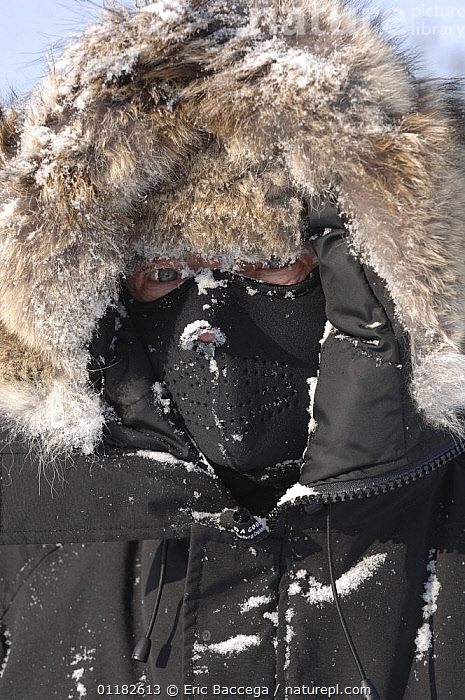 Stock photo of Man wearing winter clothes and face protection for ...