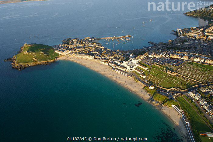 Stock photo of Aerial views over St Ives and Porthmeor Beach, Cornwall ...
