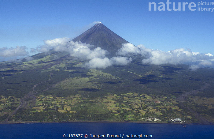 Stock photo of Aerial view of Mayon Volcano and the coast, Bohol ...