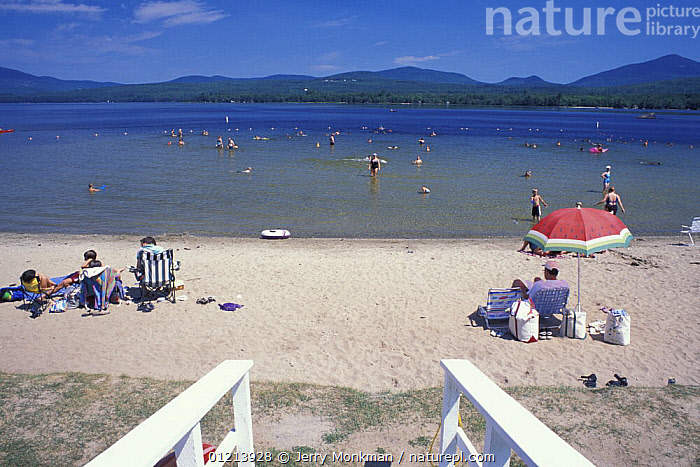 Stock photo of People enjoying the beach on Webb Lake in Mount Blue ...