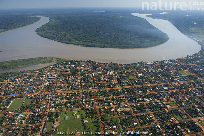 Stock photo of Aerial view of Riberalta town and the Beni River, Beni Department…. Available for ...