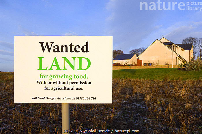 Stock photo of Spoof "Land Wanted for growing food" sign near housing ...