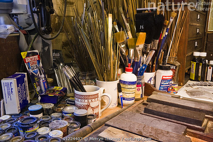 Stock photo of Paints, tools and brushes in Malcolm Darch's workshop ...