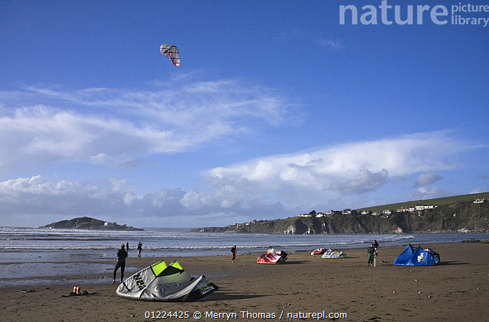 Stock photo of Kite surfers on Bantham Bay, with Burgh Island in the ...