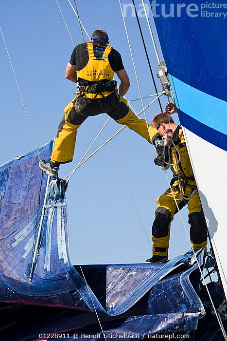 Stock photo of Crew member being winched aloft aboard Maxi yacht ...