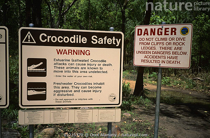 Stock photo of Crocodile warning signs at Jim Jim Falls, Kakadu ...