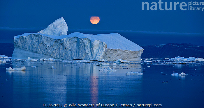 Stock photo of Full moon over an iceberg at dusk, Saqqaq, Disko Bay ...