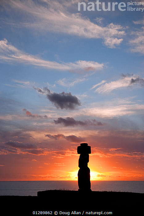 Stock photo of Silhouette of stone sculpture / Moai at Tahai at sunset ...