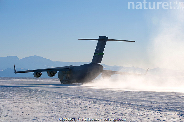 Stock photo of US military C17 Globemaster aeroplane taking off from ice runway, McMurdo ...