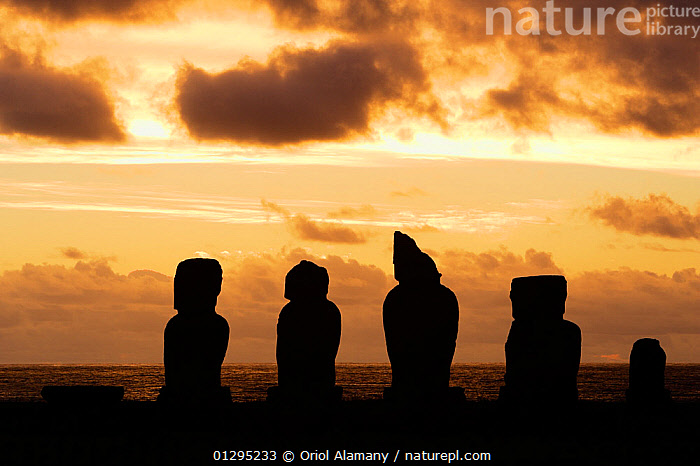 Stock photo of Silhouette of Moai statues at sunset at the restored ...