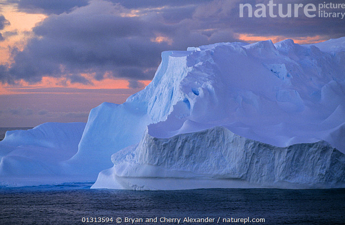 Stock photo of Iceberg in alpenglow after sunset with cloudy sky behind ...