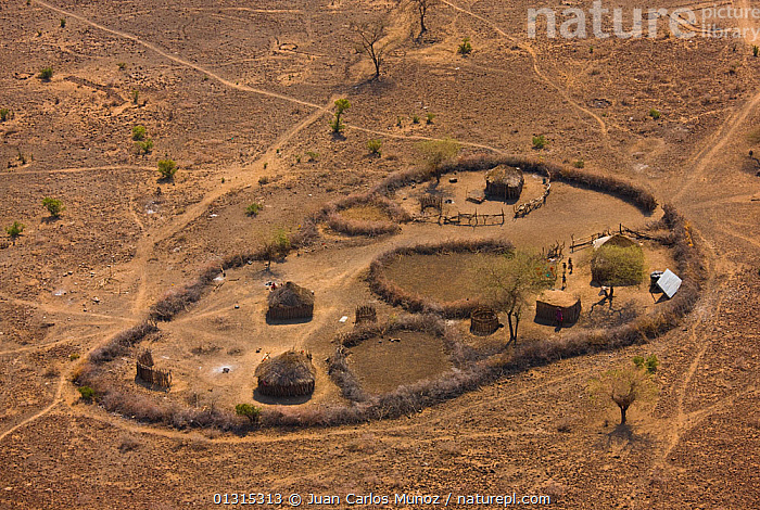 Stock photo of Aerial view of Maasai fenced homestead, with buildings ...