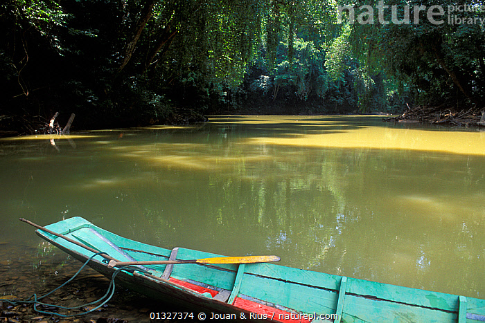 Stock photo of Dayak long boat on river, Central Borneo, Sarawak ...