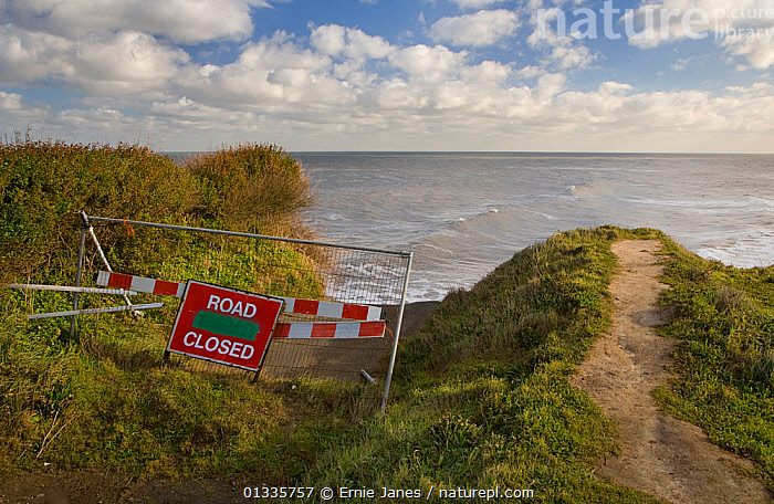 Stock photo of Warning sign for road / track closed due to coastal ...