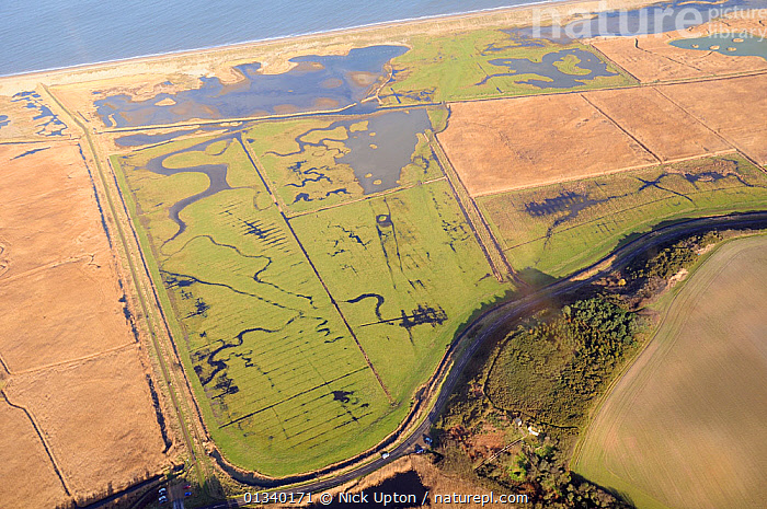 Stock photo of Aerial view of Cley Marshes nature reserve, looking out ...