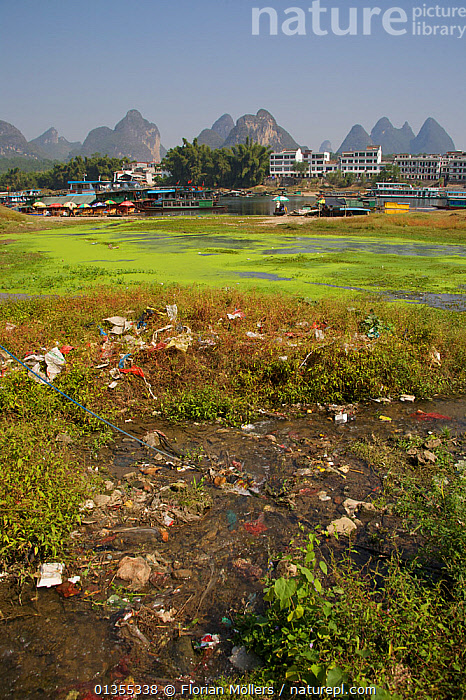 Stock photo of Polluted tributary of the Li River with town and ...