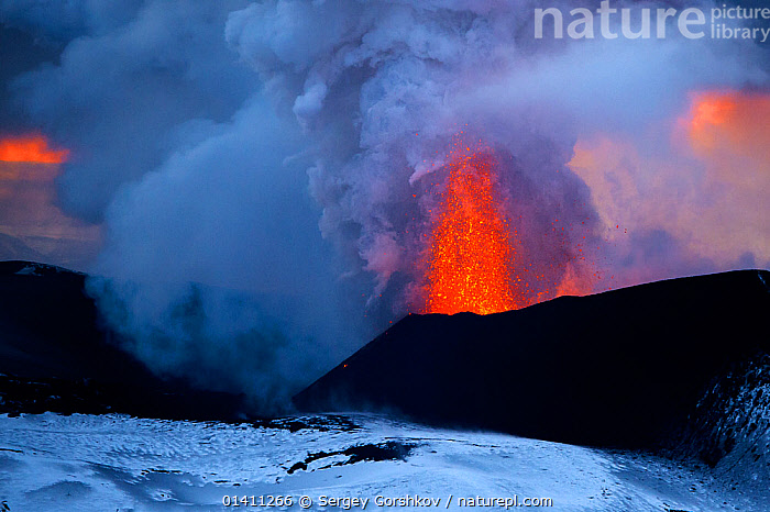 Stock photo of Lava and ash erupting from Plosky Tolbachik Volcano ...