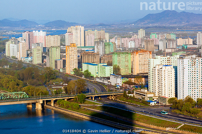 Stock photo of Elevated city skyline of capital Pyongyang, including ...