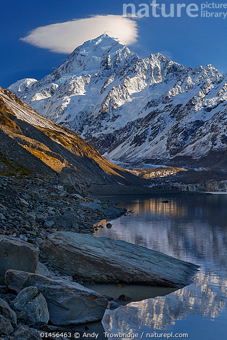 Stock photo of Mount Cook / Aoraki (height 3754m) with cap cloud ...
