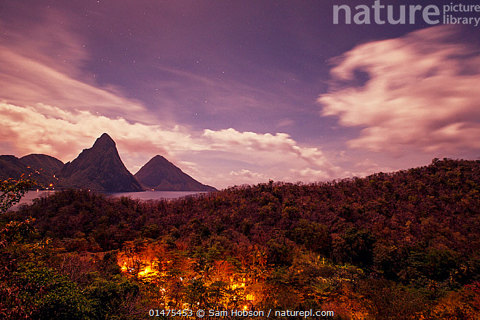 Stock photo of View of the Pitons at night during full moon, Gros and ...