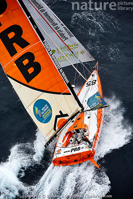 Stock photo of Aerial view of the IMOCA 60 'PRB' preparing for the ...