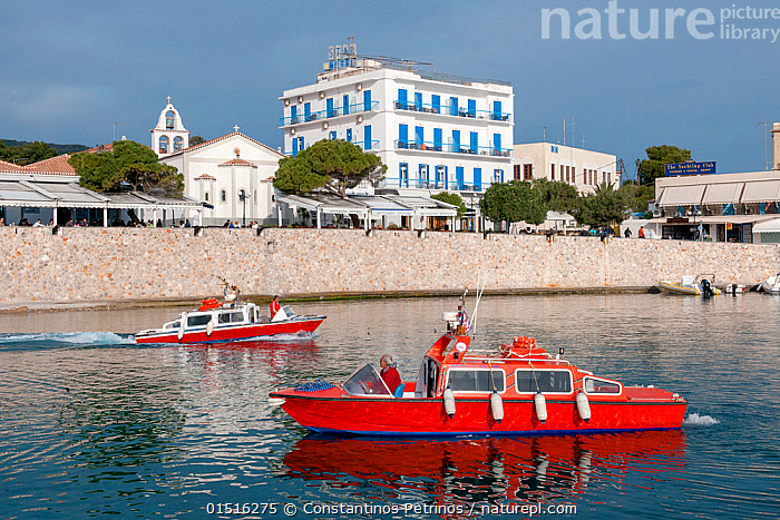 Stock photo of Red water taxi, Dapia, Spetses Island, Aegean Sea ...