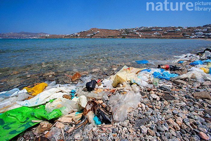 Stock photo of Plastic litter on beach, Mykonos island. Mykonos island ...