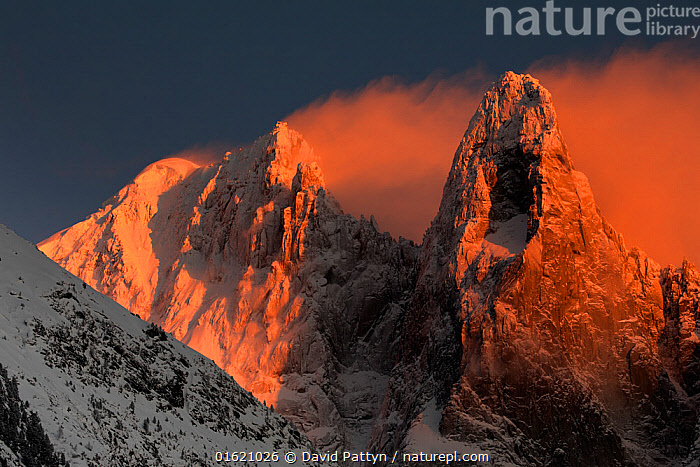 Stock photo of Aiguille du Dru mountain in the last evening sunlight ...