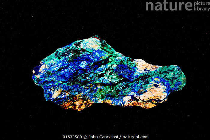 Stock photo of Azurite-malachite rock slab, cut and polished, white ...