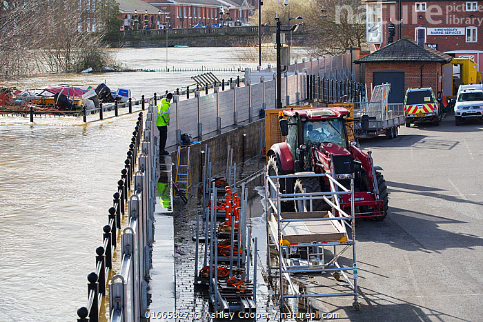 Stock photo of Environment Agency worker checking River Severn flood ...