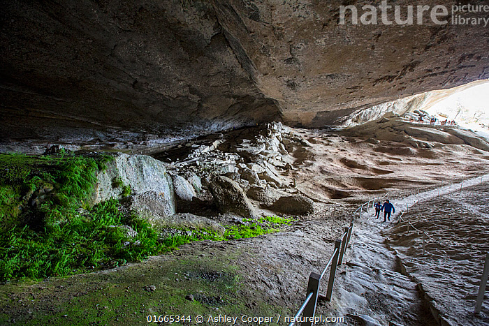 Stock photo of Tourists walking into cave. Milodon Cave Natural ...