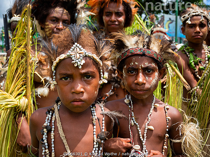 Stock photo of Papuan children in traditional headdresses and jewellery ...