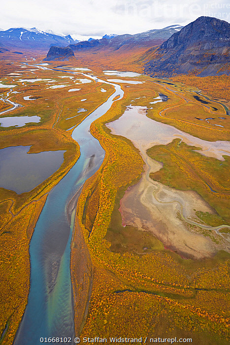 Stock photo of Aerial view of Rapa valley river delta, Rapaatno, Sarek ...