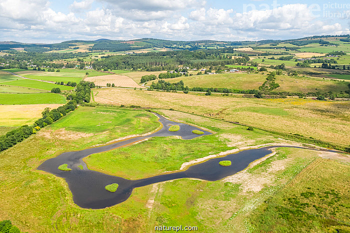 Stock photo of Aerial view of a remeandered section of the Beltie Burn ...