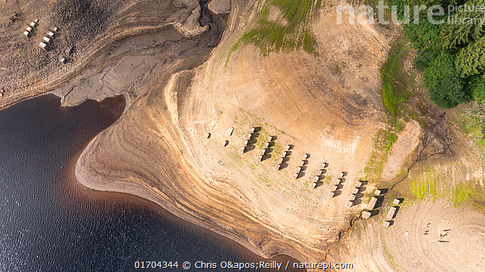 Stock photo of Aerial view over Ladybower Reservoir showing low water ...