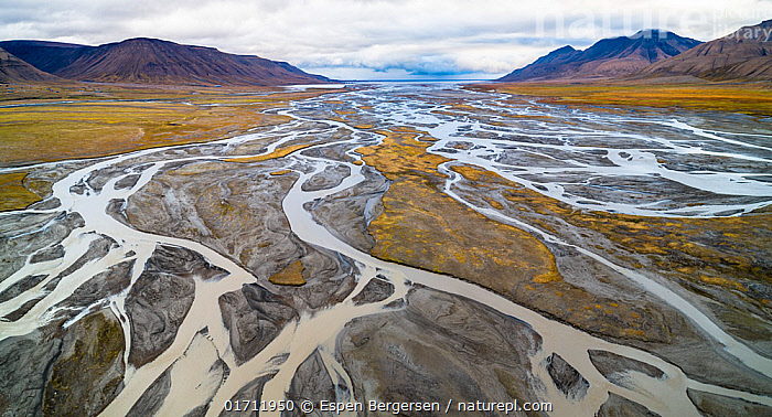 Stock photo of Aerial image over river delta. Adventdalen valley ...