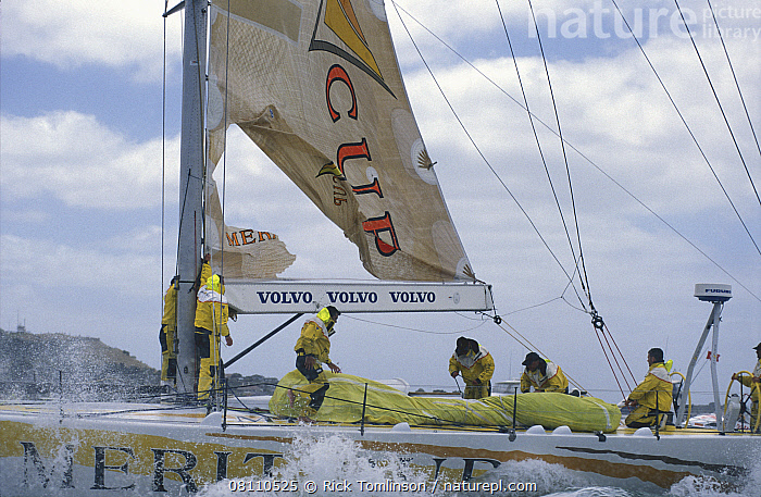 Stock photo of "Merit Cup" tears her main at the finish of the ...